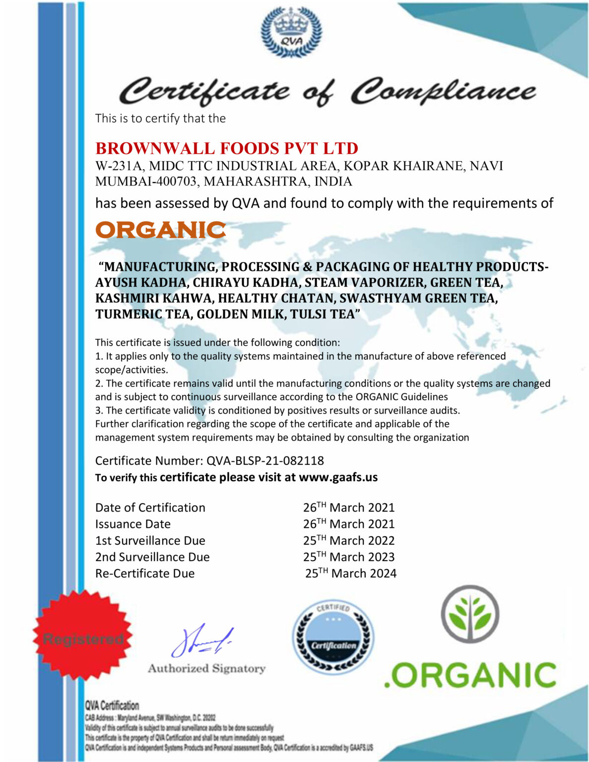 Certifications - BrownWall Food Products Pvt Ltd